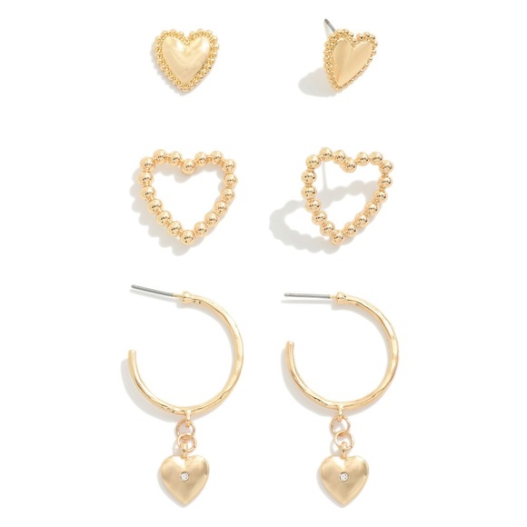 Jewelry | New Set Of Three Metal Heart Stud And Hoop Earrings | Poshmark